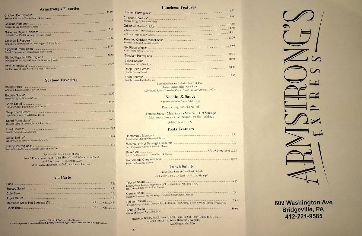 Menu at Armstrong's Express restaurant, Bridgeville