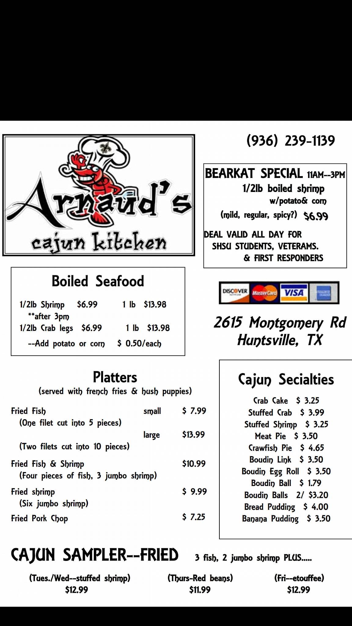 Menu at Arnaud's Cajun Kitchen restaurant, Huntsville