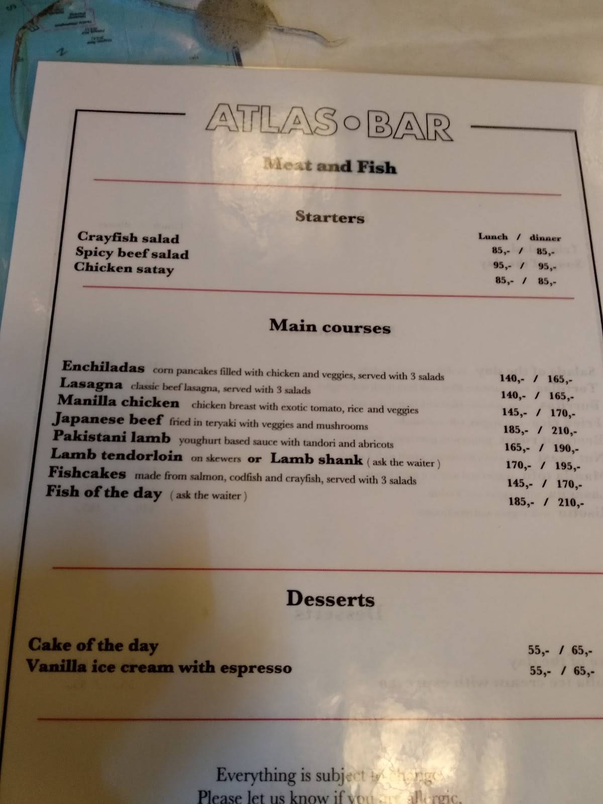 Menu at Atlas Bar, Copenhagen