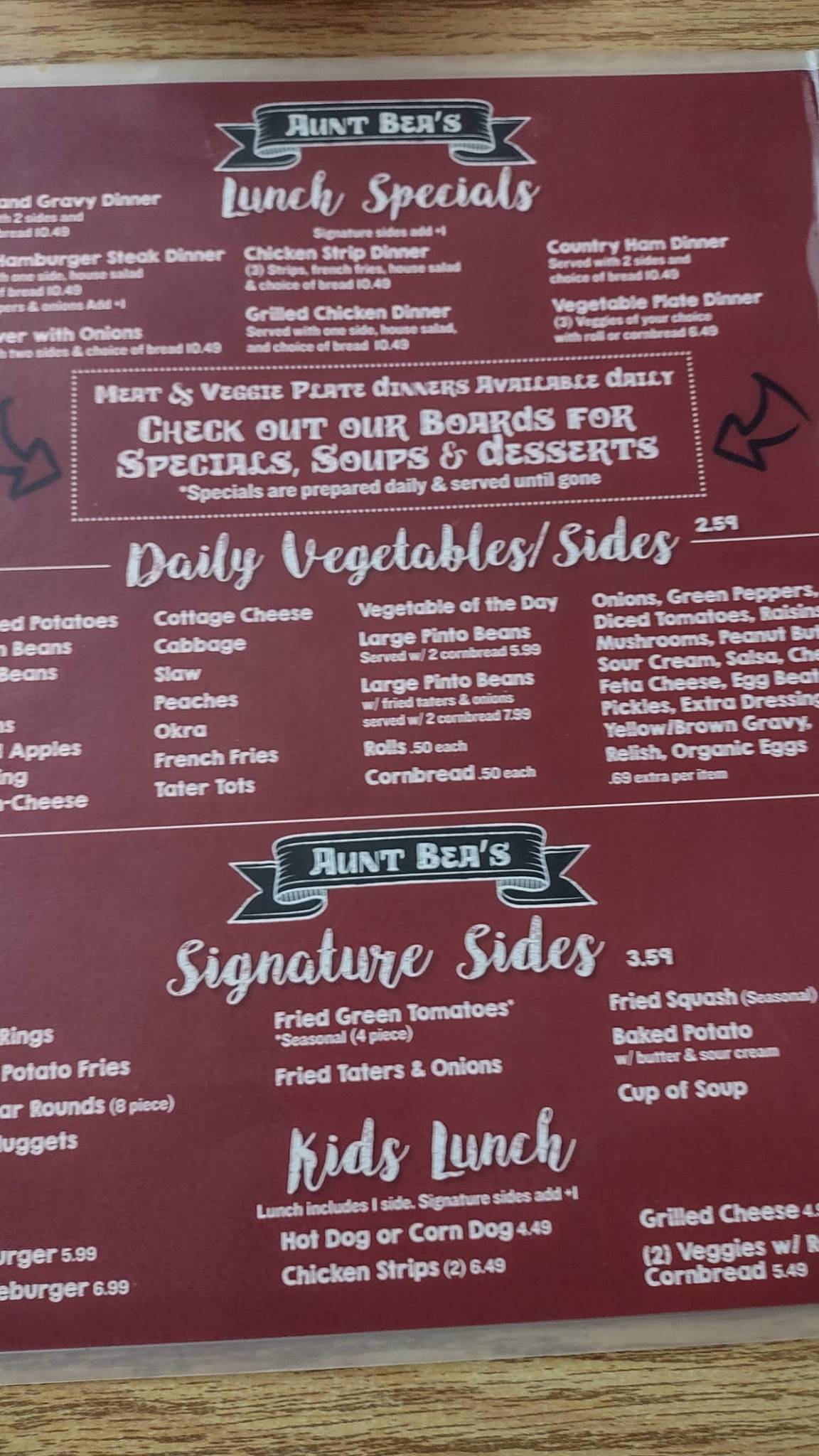Menu at Aunt Bea's Home Cooking restaurant, Greeneville