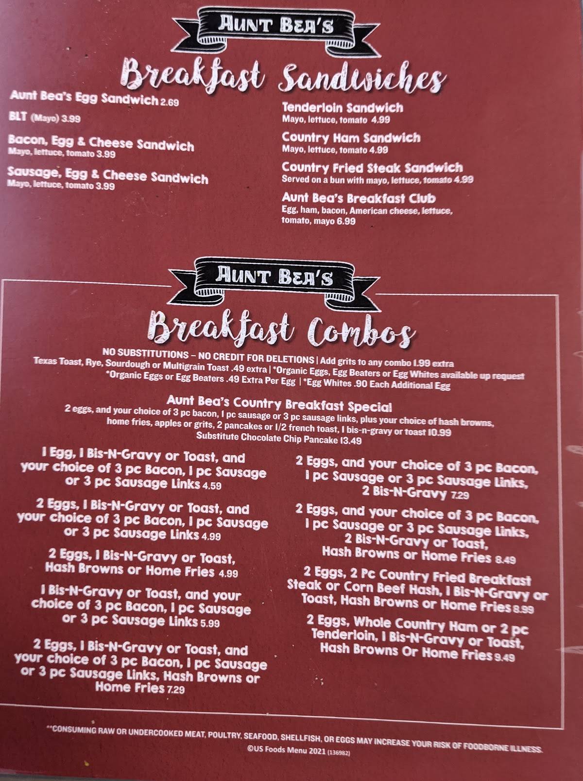 Menu at Aunt Bea's Home Cooking restaurant, Greeneville