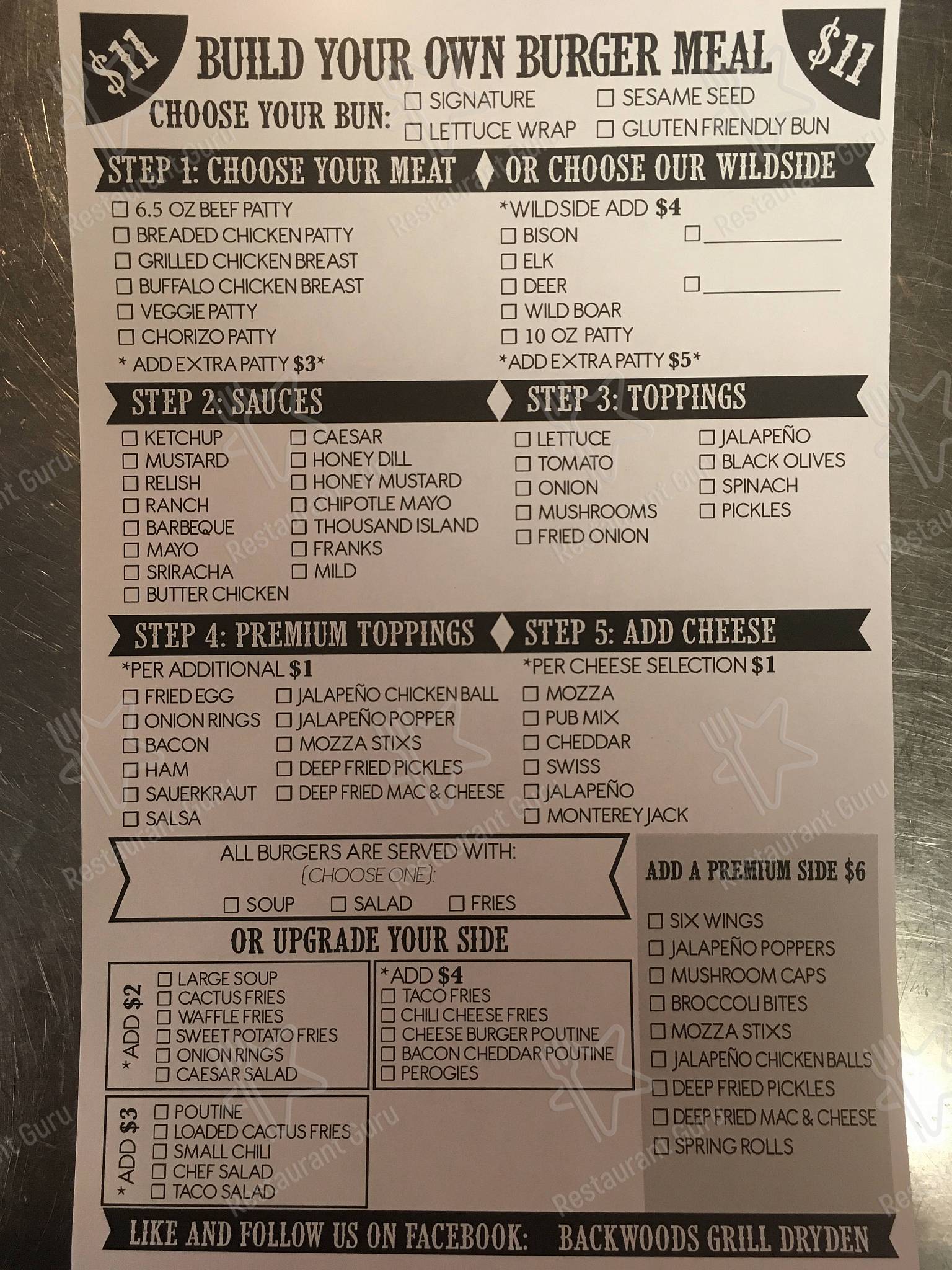Menu at Backwoods Grill restaurant, Dryden