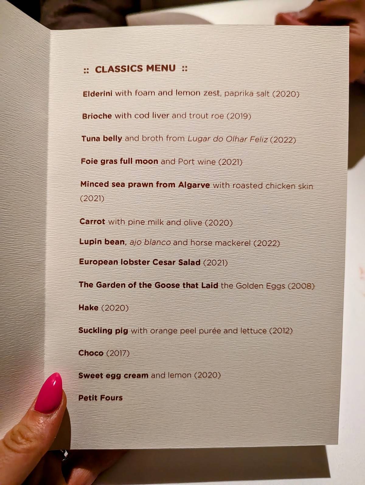 Menu at Belcanto restaurant, Lisbon, R. Serpa Pinto 10A