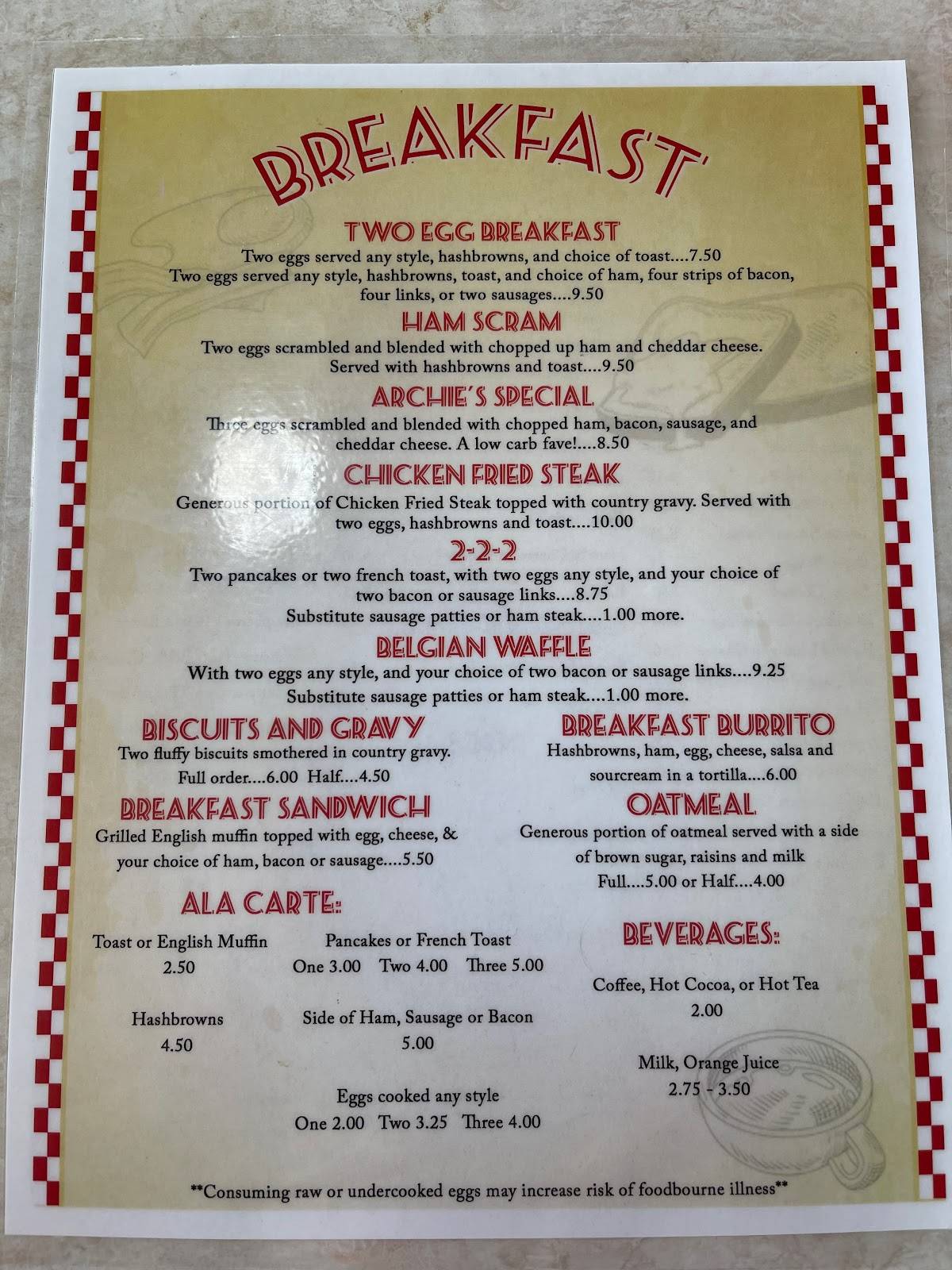 Menu at Bill & Bea's Drive In restaurant, Centralia