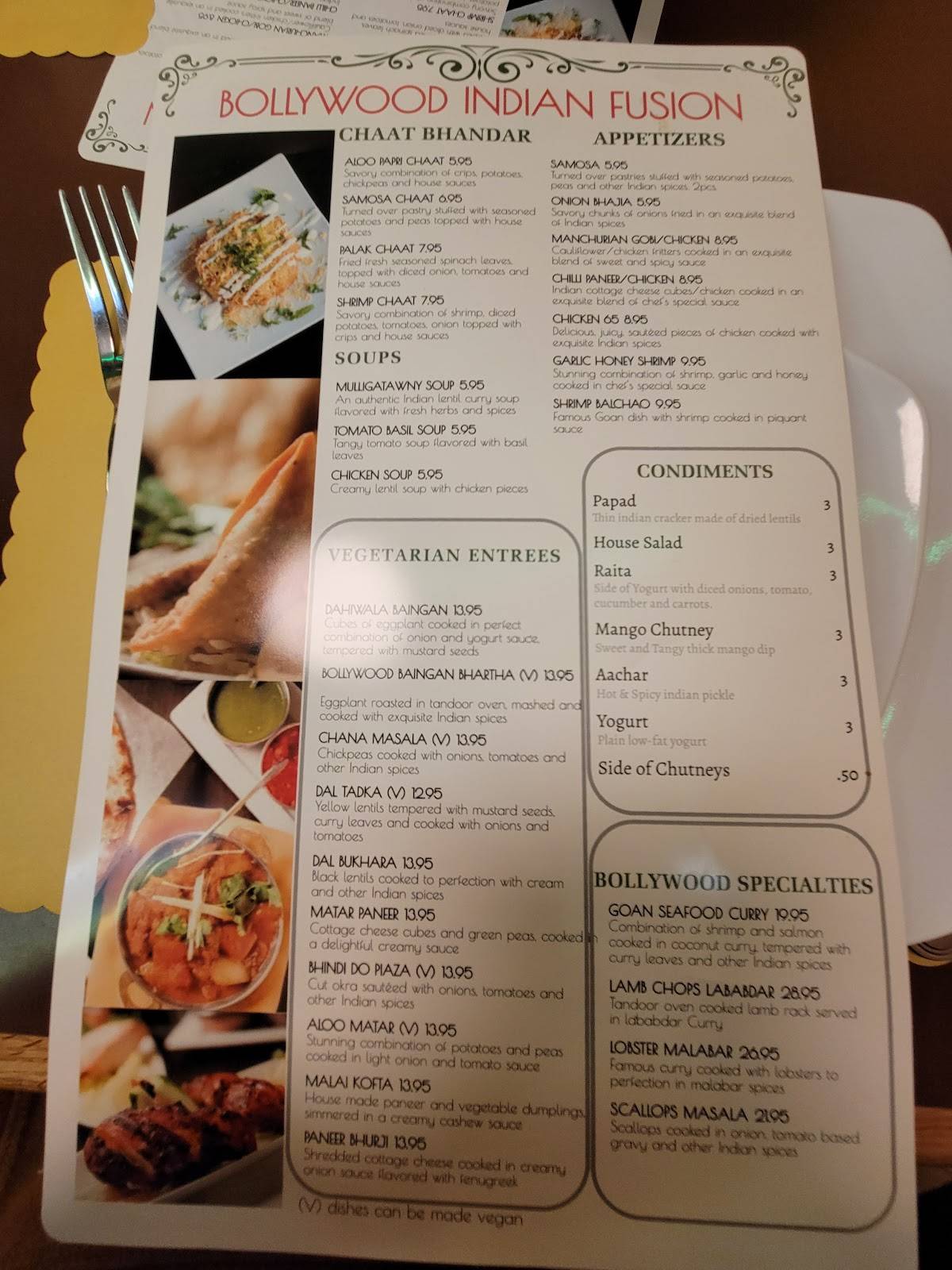 Menu at Bollywood Indian Fusion restaurant, Hummelstown