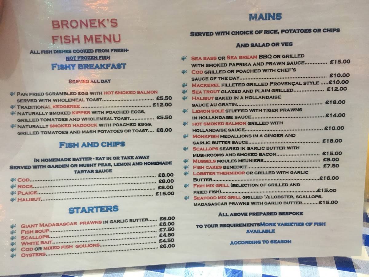 Menu at Bronek's Fish Restaurant, London