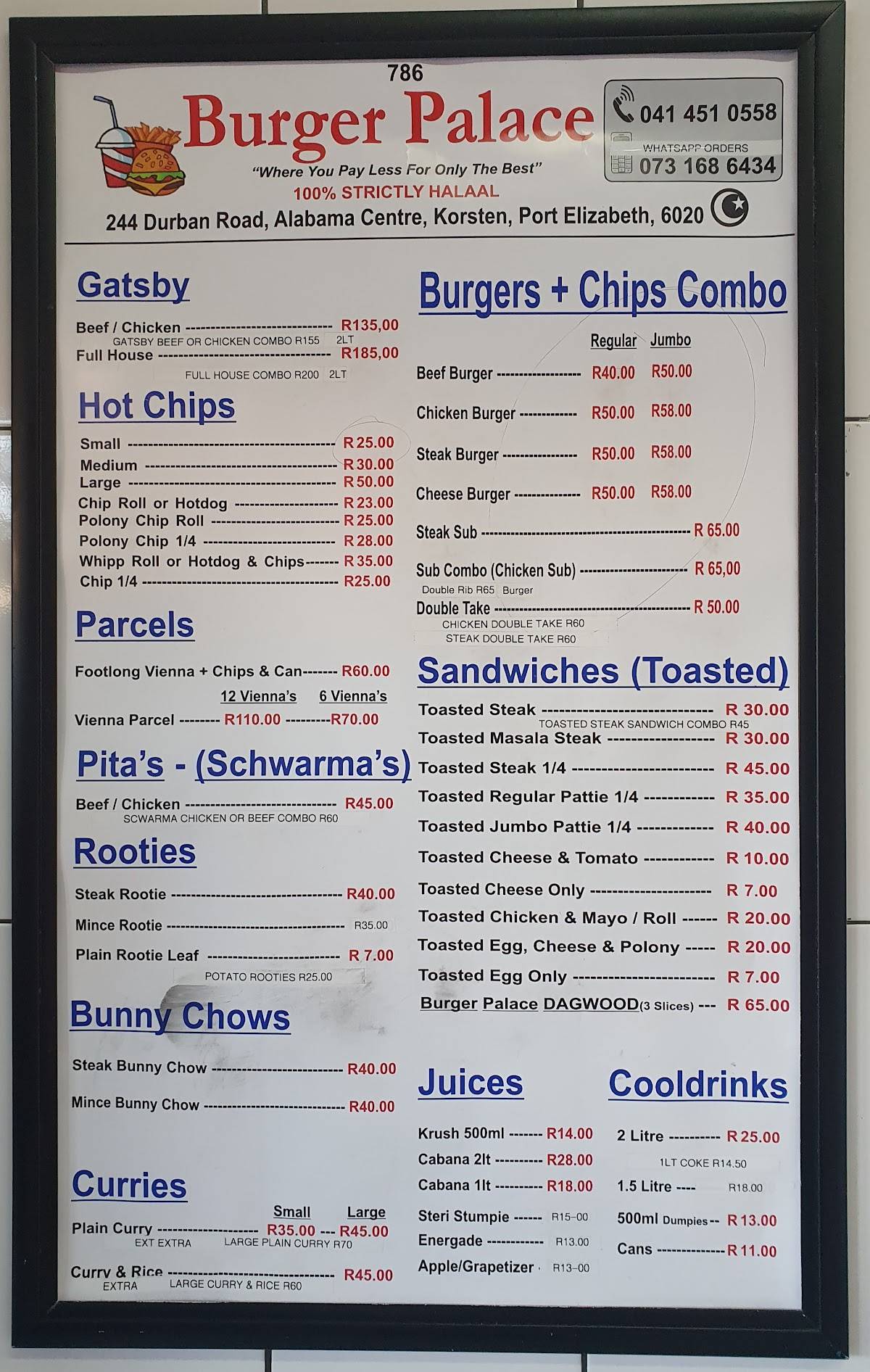 Menu at Burger Palace restaurant, Port Elizabeth