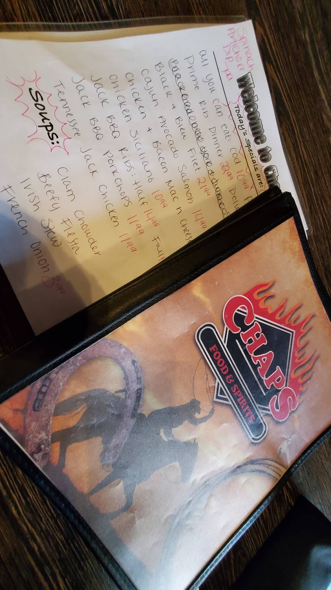 Menu at Chaps restaurant, Armada