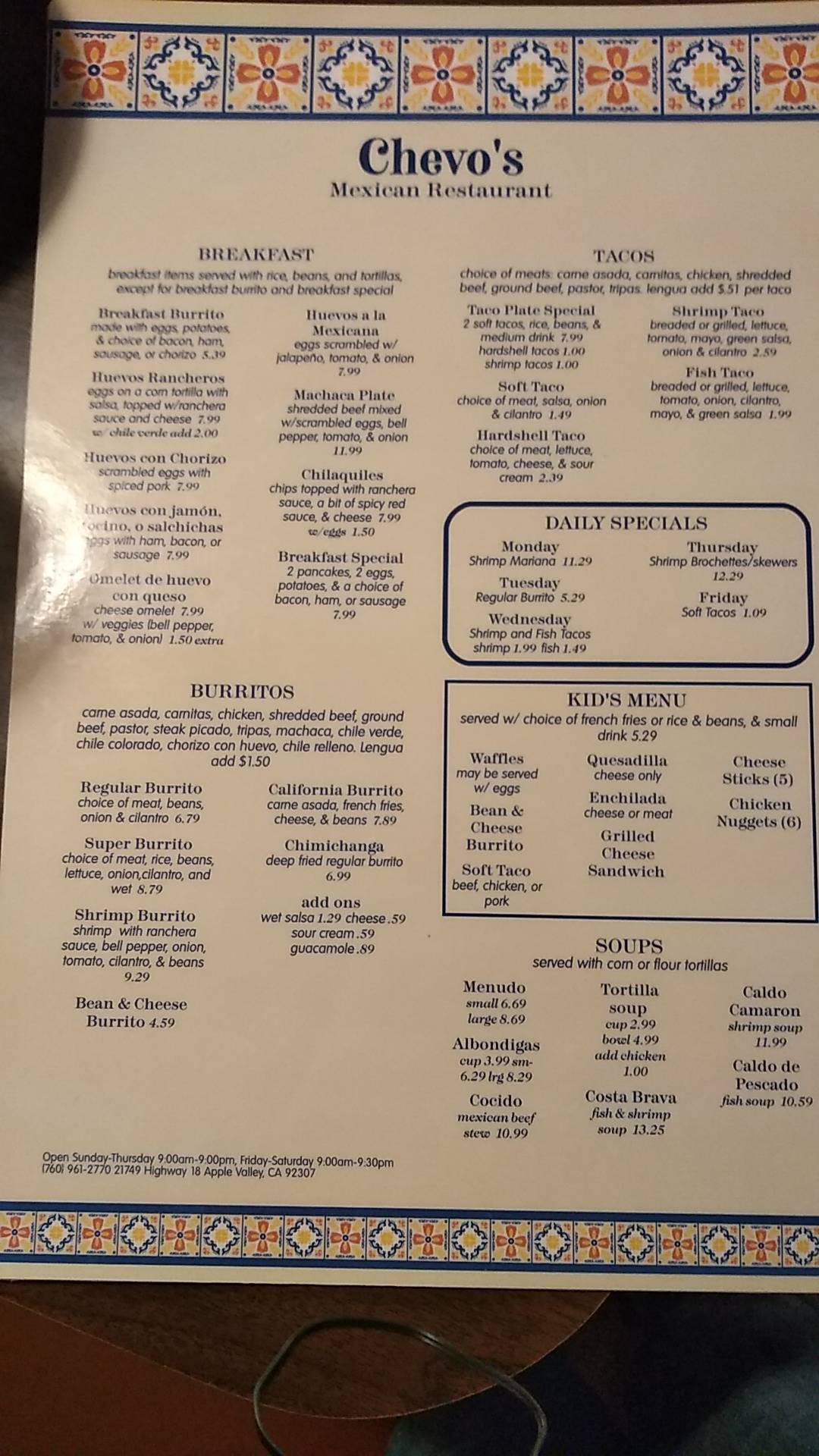 Menu at Chevo's Mexican Restaurant Inc, Apple Valley