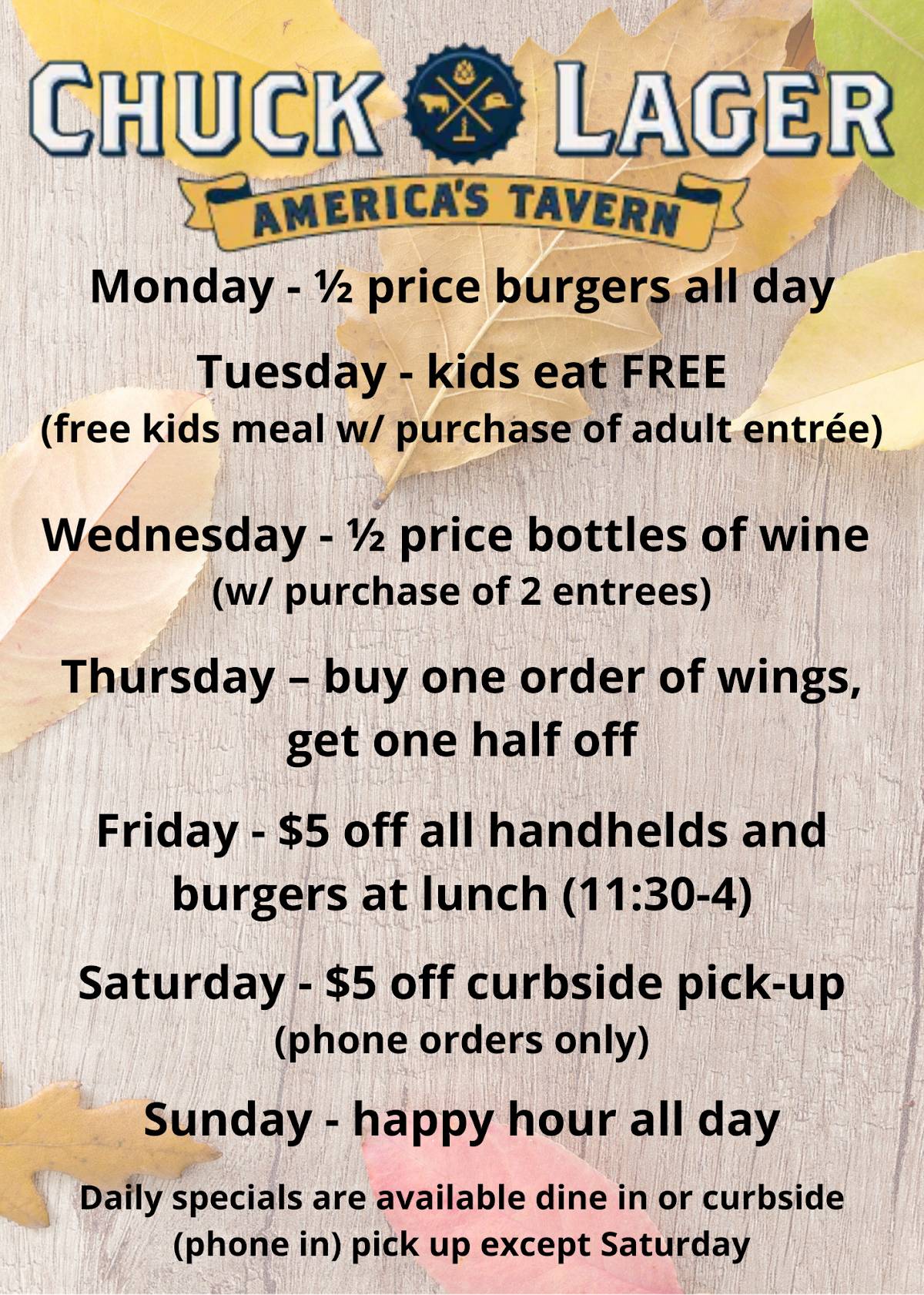 Menu at Chuck Lager America's Tavern restaurant, Pike Creek
