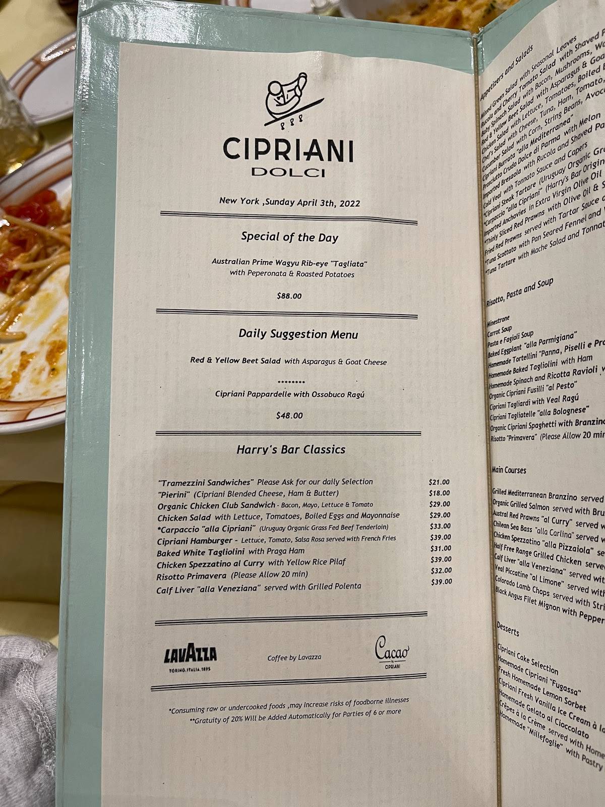 Menu at Cipriani Dolci restaurant, West New York