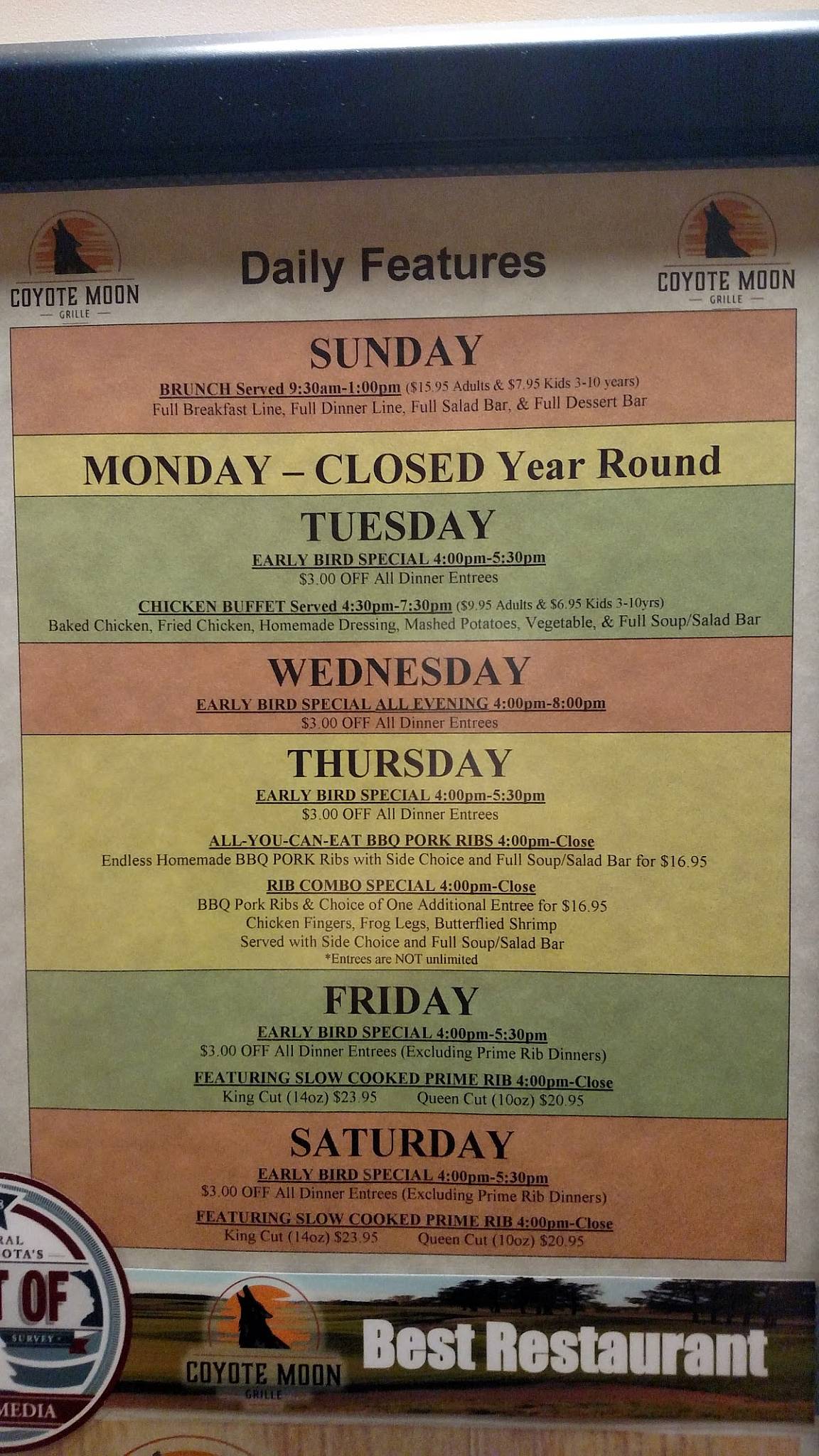 Menu at Coyote Moon Grille restaurant, St. Cloud