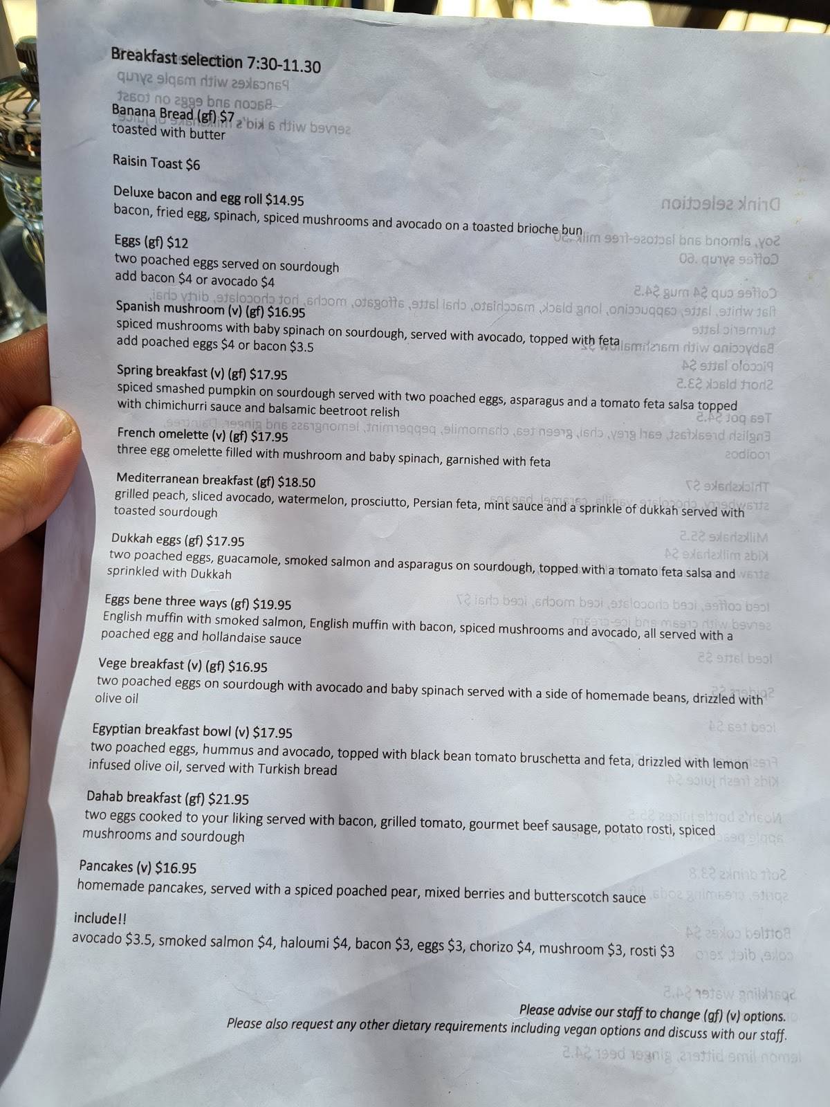 Menu at Dahab Cafe, Dubbo
