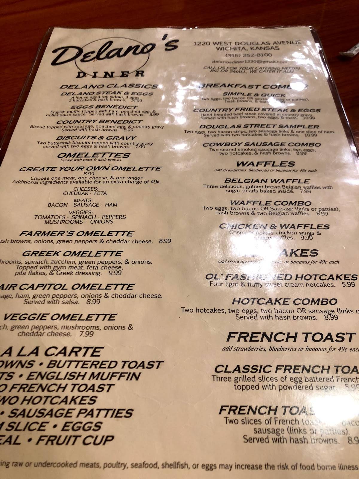 Menu at Delano's Diner restaurant, Wichita