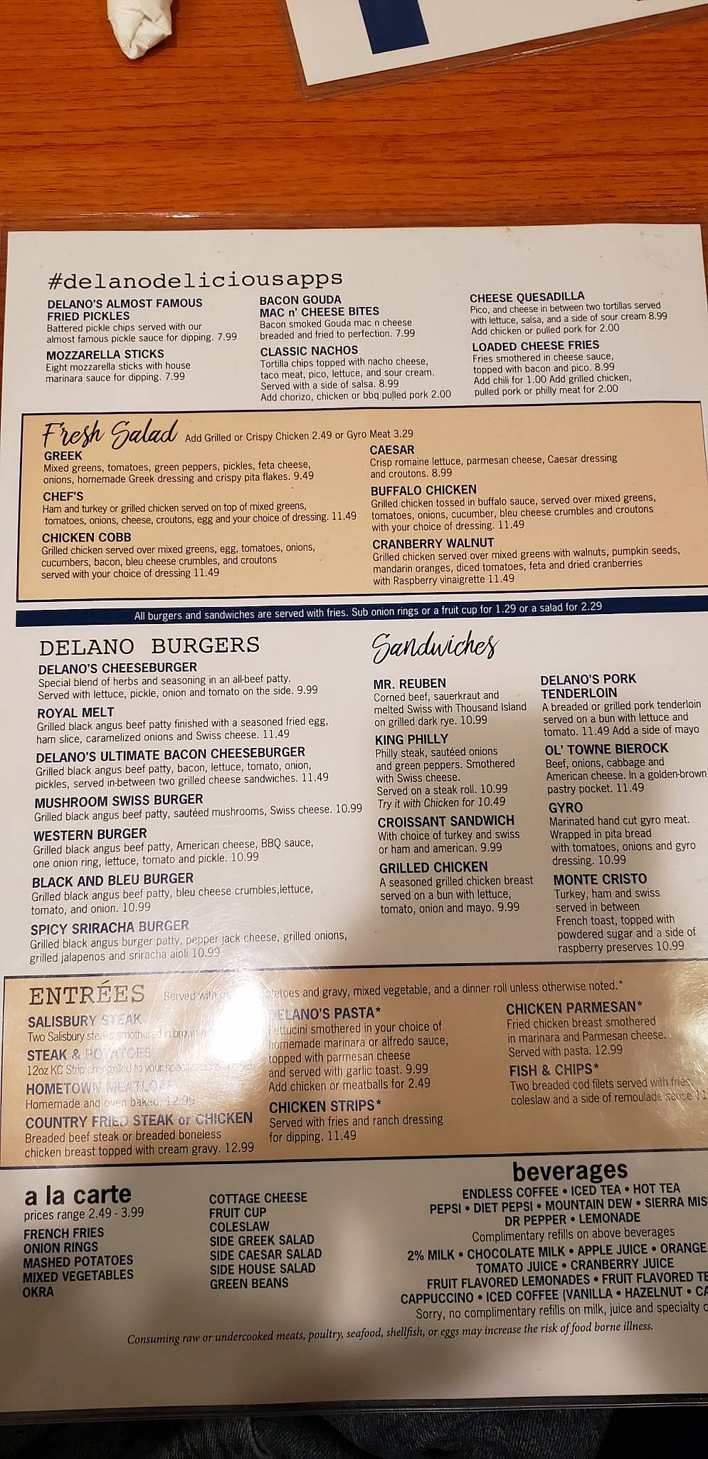 Menu at Delano's Diner restaurant, Wichita