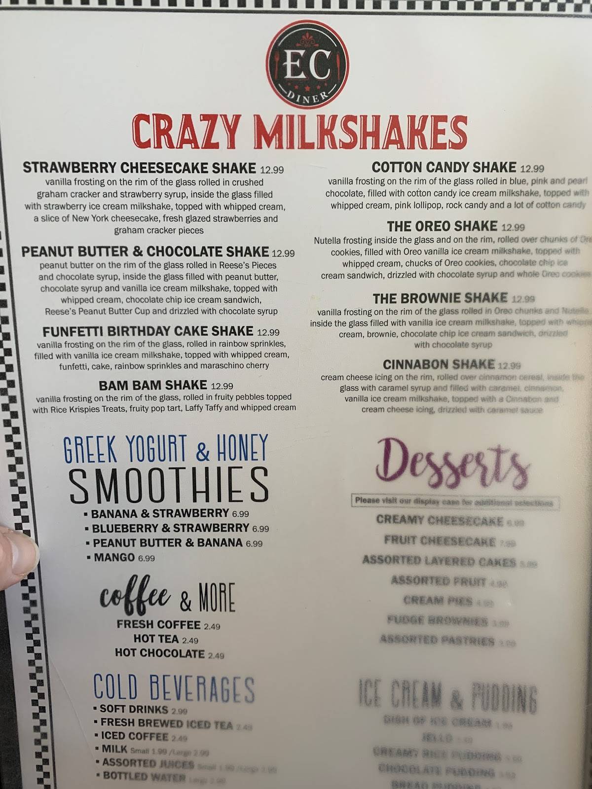 Menu at EC Diner restaurant, Ellicott City