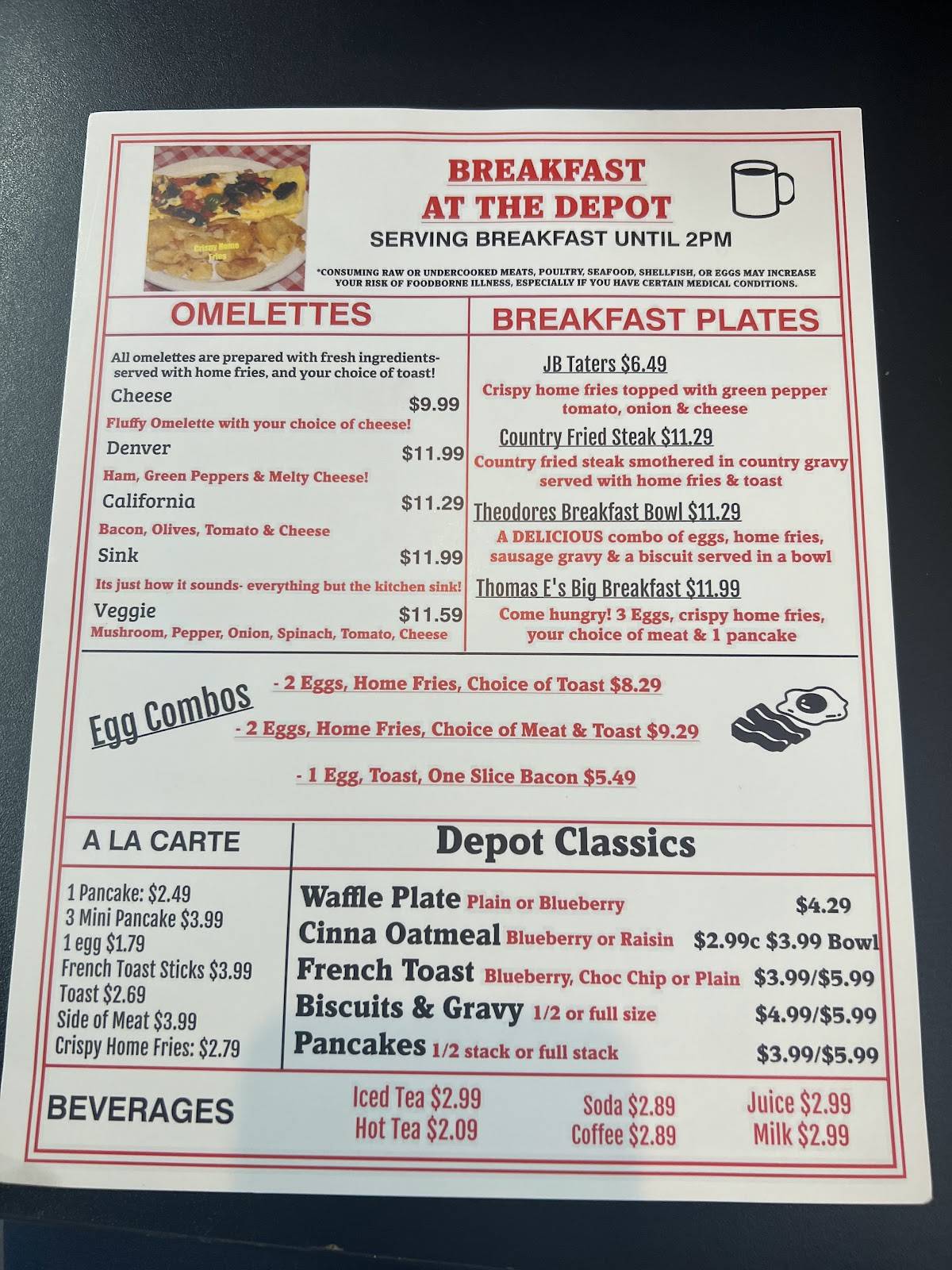 Menu at Edison Depot restaurant, Edison