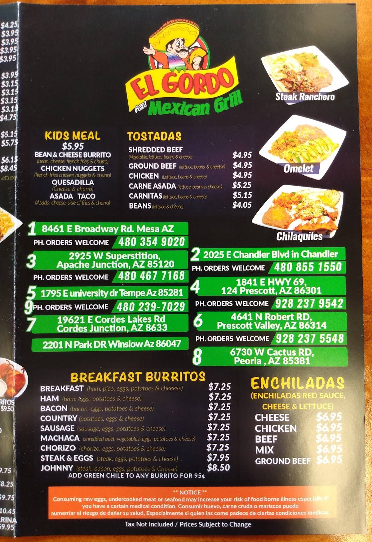 Menu at El Gordo Mexican Grill restaurant, Prescott