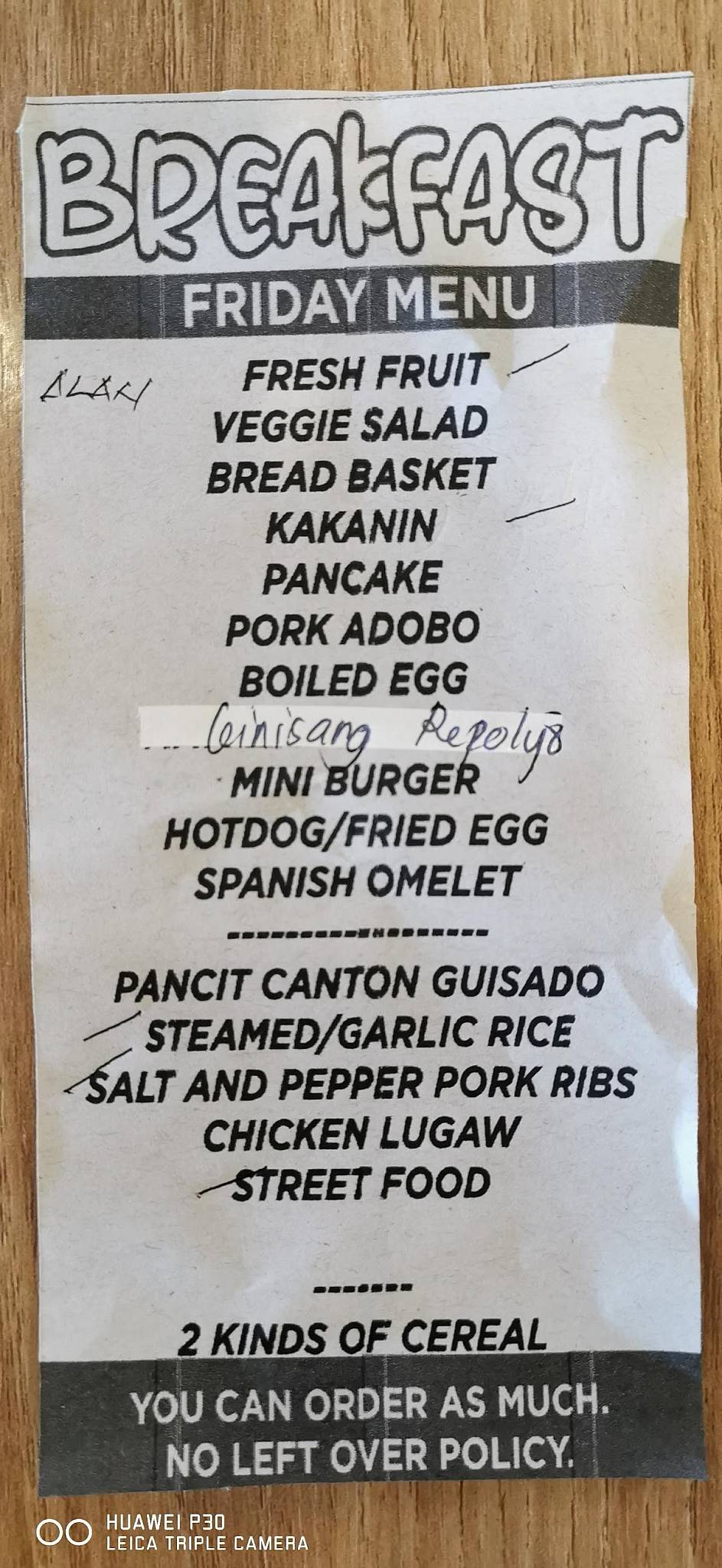 Menu at Elements Buffet restaurant, Baguio