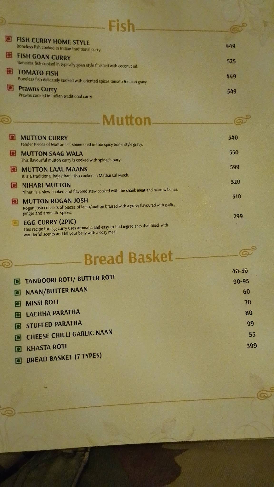 Menu at FAGITO, Bhopal