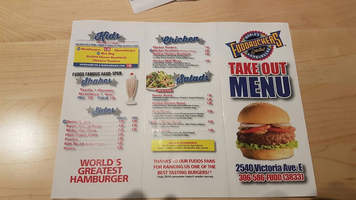 Menu at Fuddruckers restaurant, Regina