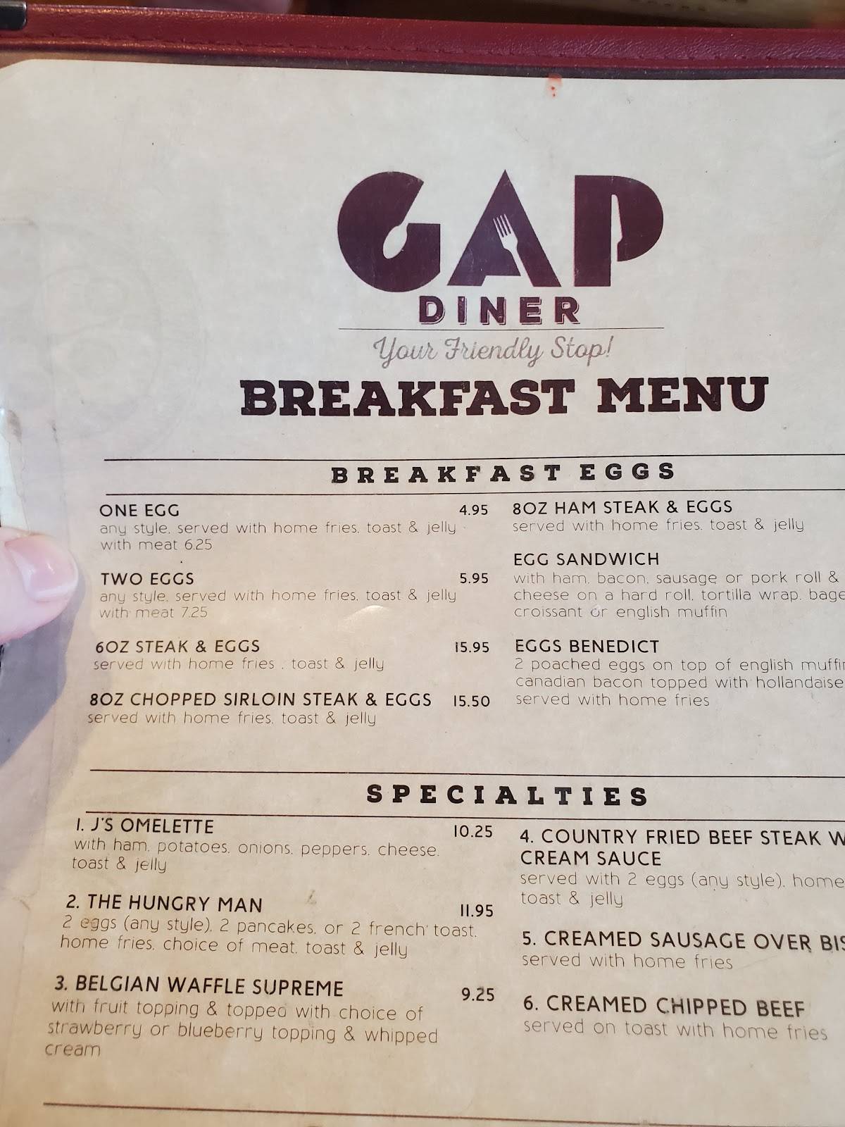 Menu at Gap Diner restaurant, Wind Gap