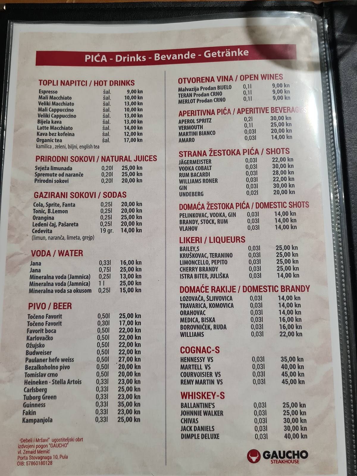 Menu at Gaucho Steakhouse, Pula