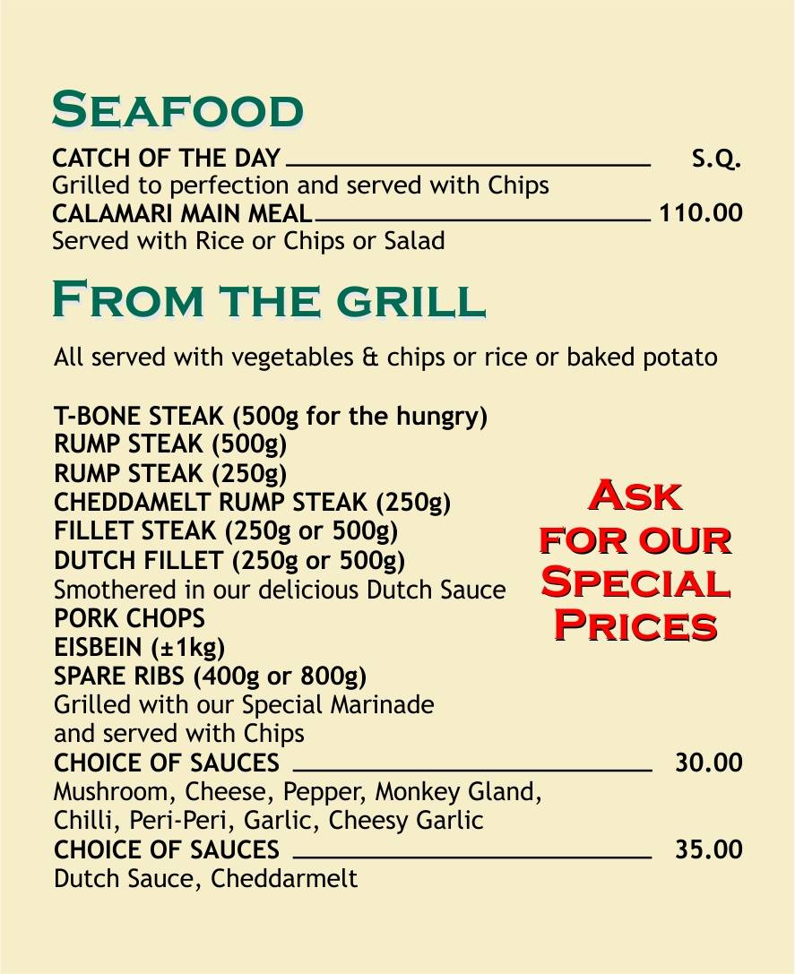 Menu at Guido's restaurant, East London, Gonubie Mall