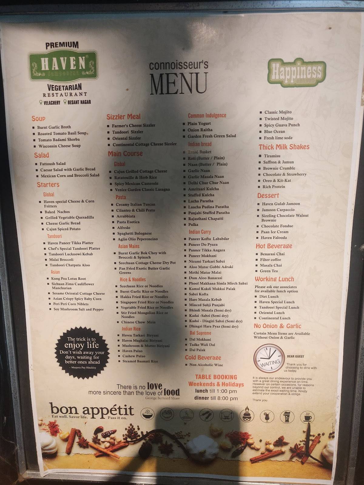 Menu at Haven Sampoorna, Chennai