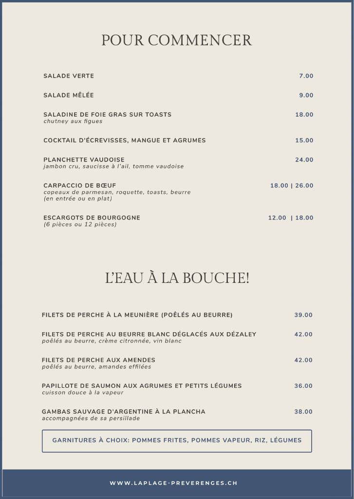 Menu da Hôtel Restaurant La Plage, Préverenges
