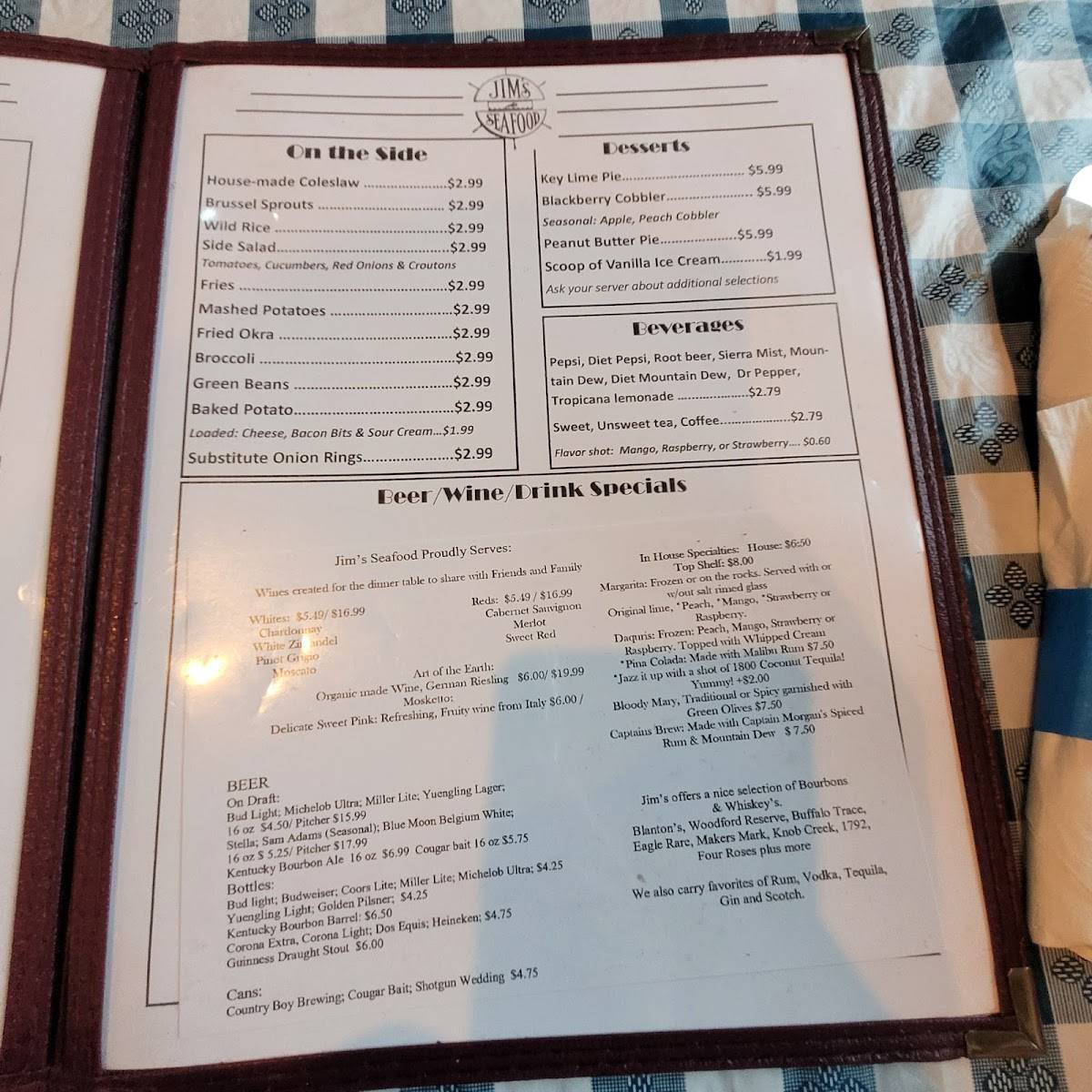 Menu at Jim's Seafood restaurant, Frankfort