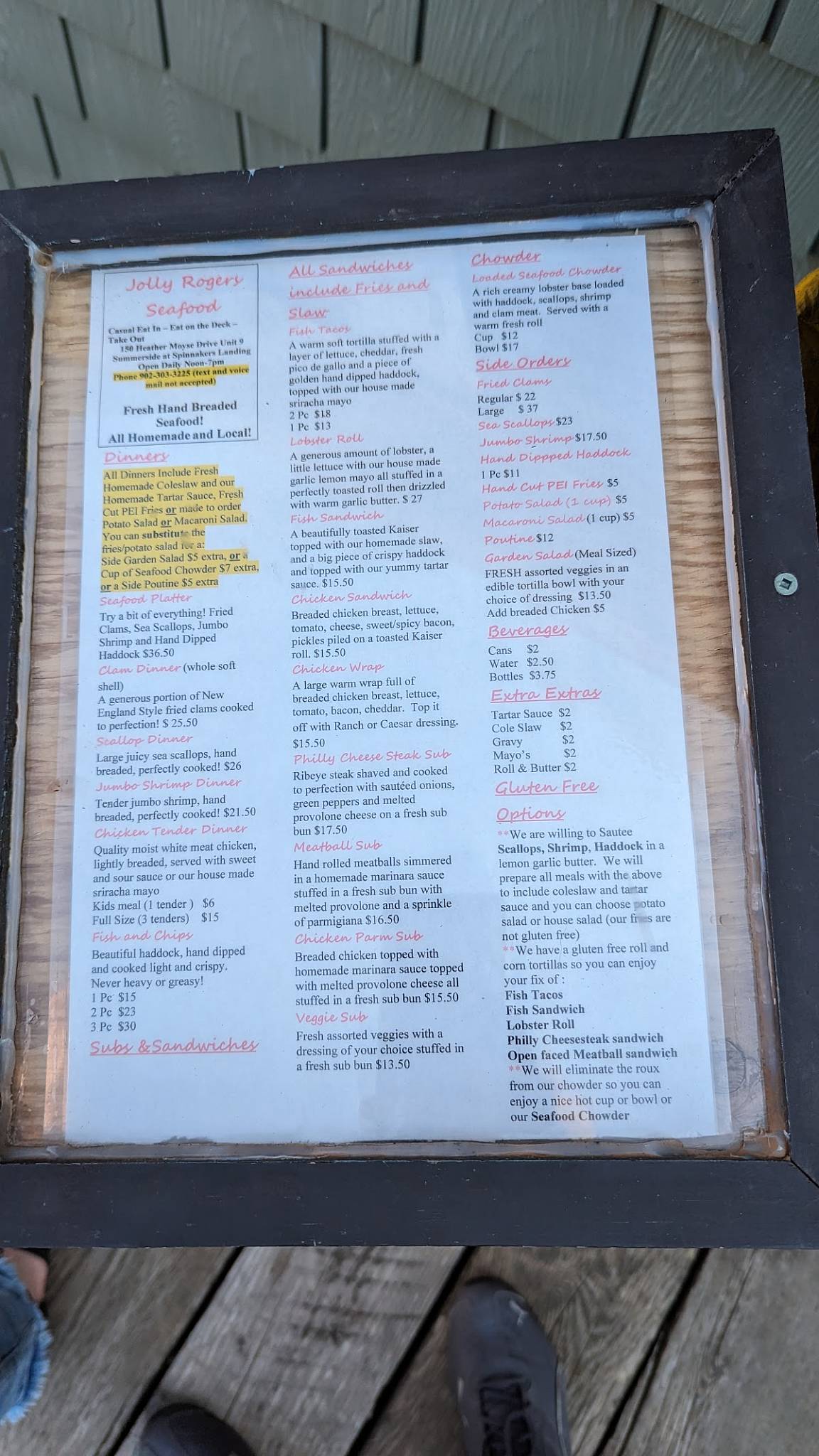 Menu at Jolly Rogers Seafood restaurant, Summerside