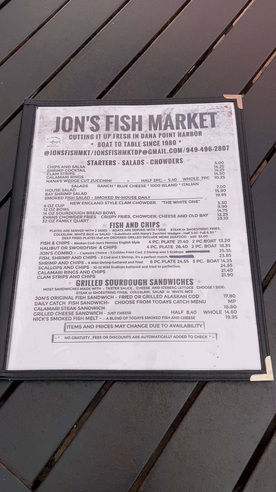 Menu at Jon's Fish Market restaurant, Dana Point
