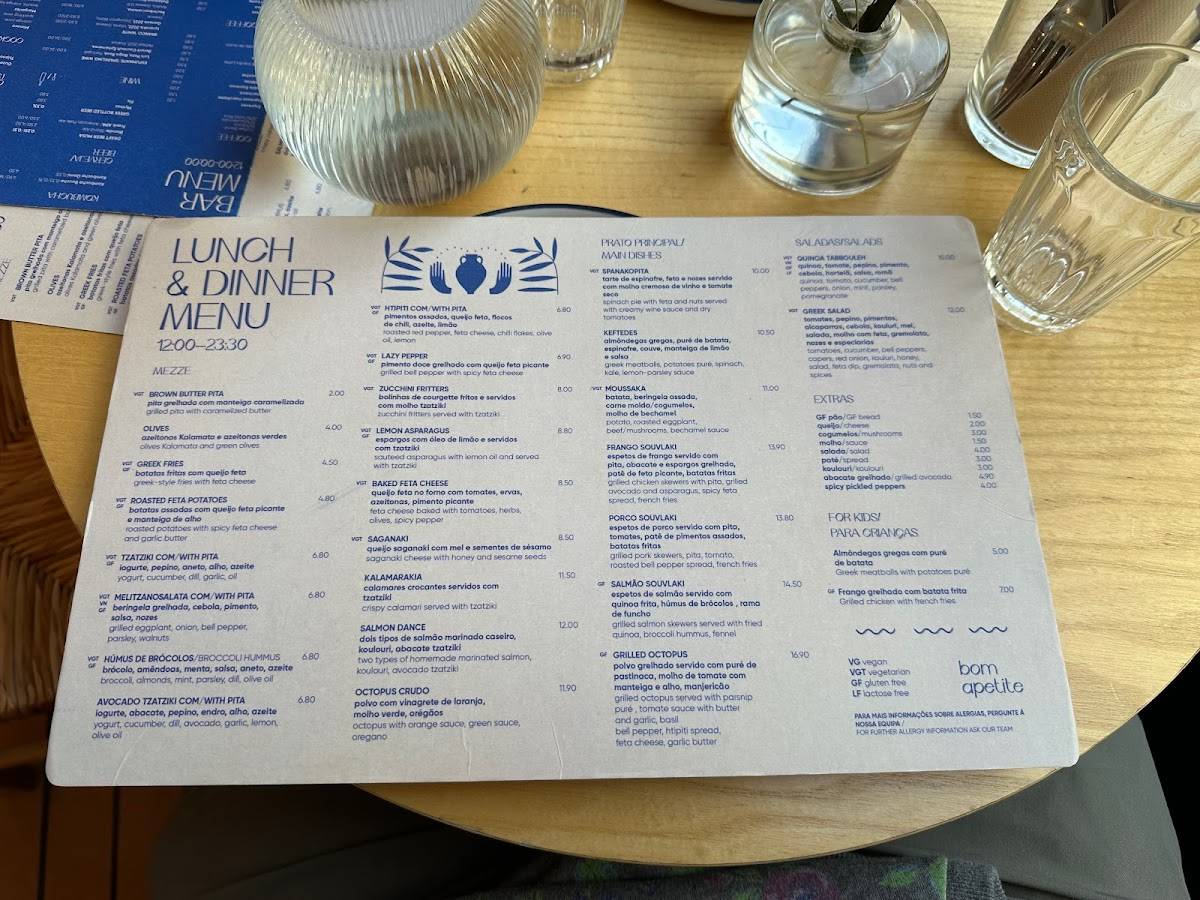 Menu at Kefi Greek Bistro restaurant, Lisbon