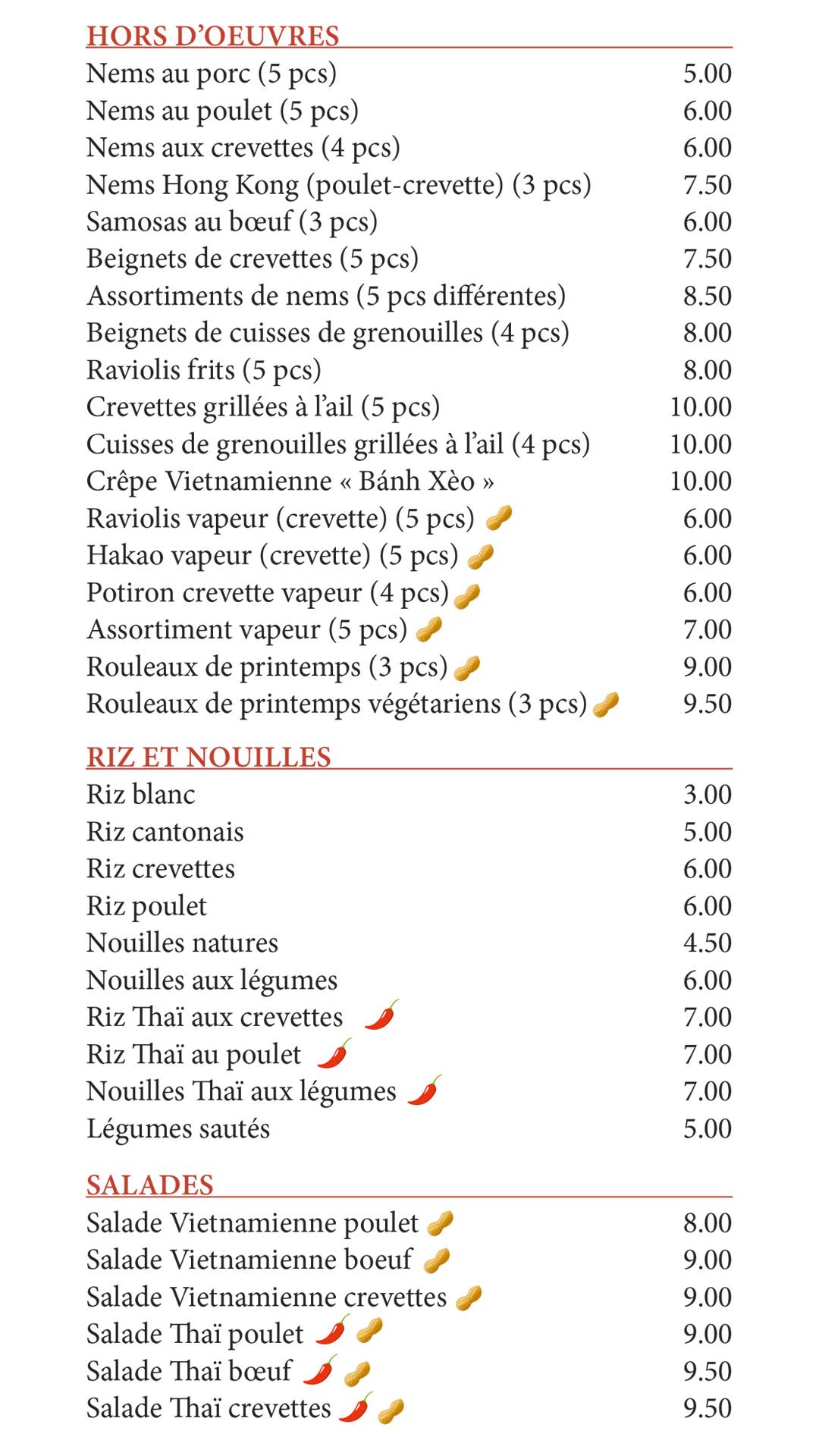 Menu au Restaurant Kim Long, Bollène