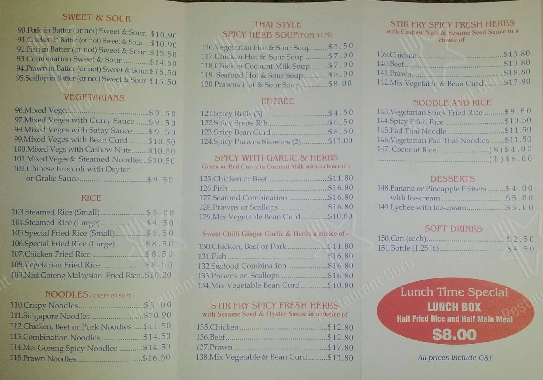 Menu at Kim & Li Chinese & Thai Restaurant, Mount Eliza