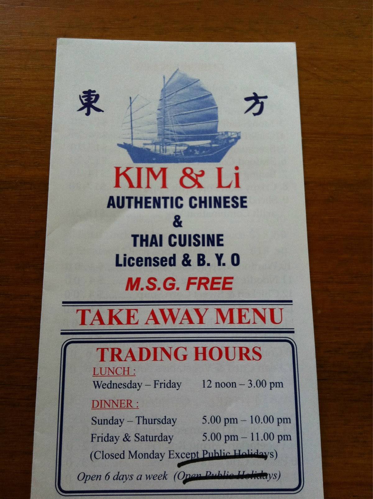 Menu at Kim & Li Chinese & Thai Restaurant, Mount Eliza