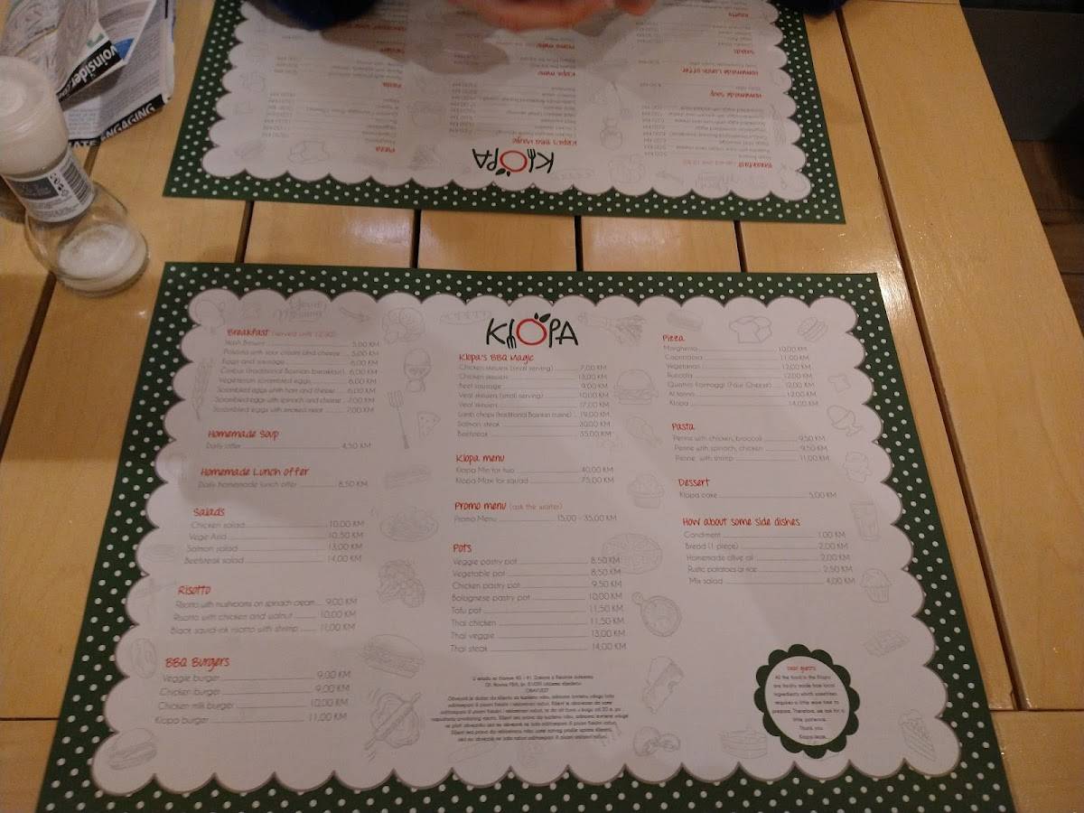 Menu at Klopa restaurant, Sarajevo