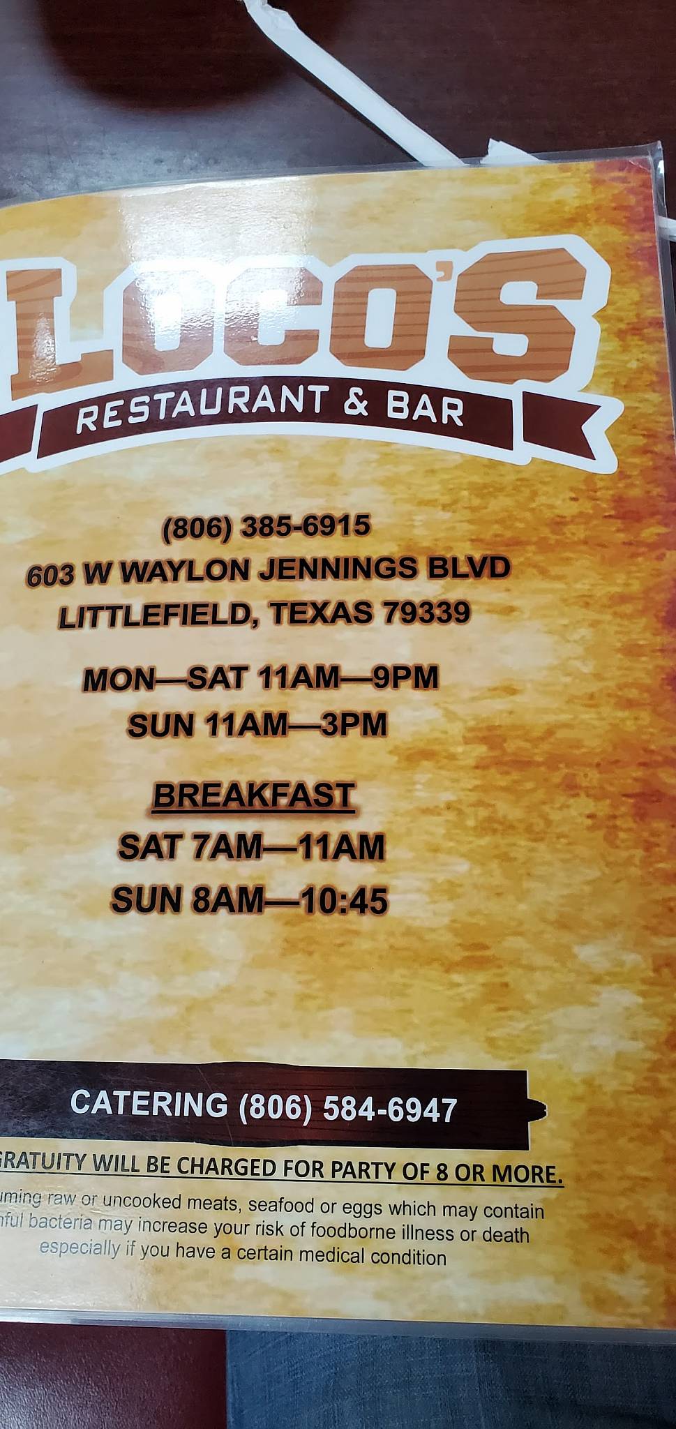 Menu at LOCO'S RESTAURANT & BAR, Littlefield