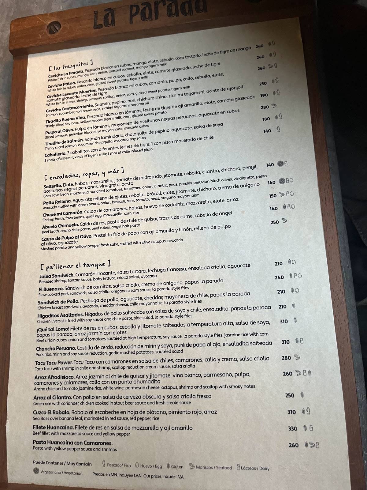 Carta del restaurante La Parada, San Miguel del Allende