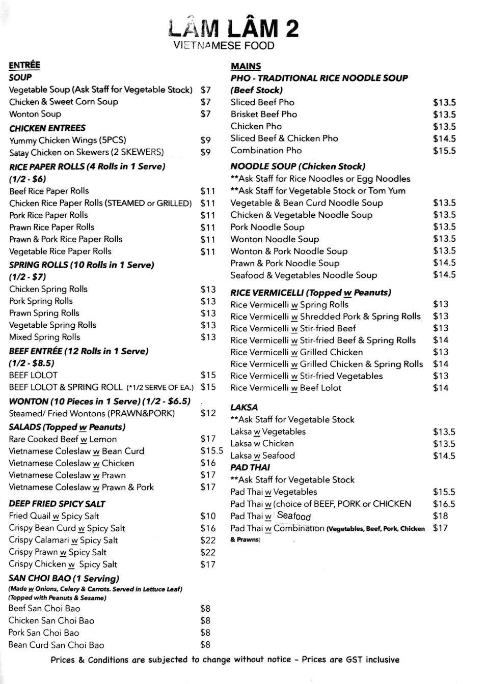 Menu at Lam Lam restaurant, Northcote