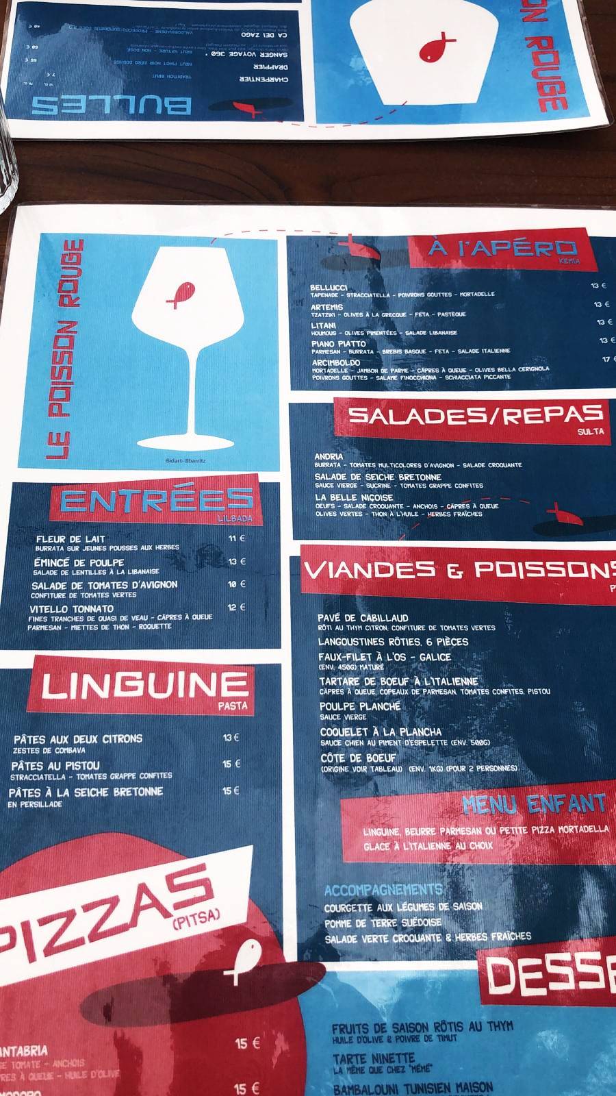Menu at Le Poisson Rouge restaurant, Bidart