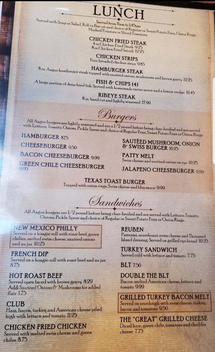 Menu at Log Cabin Restaurant, Ruidoso, Mechem Dr