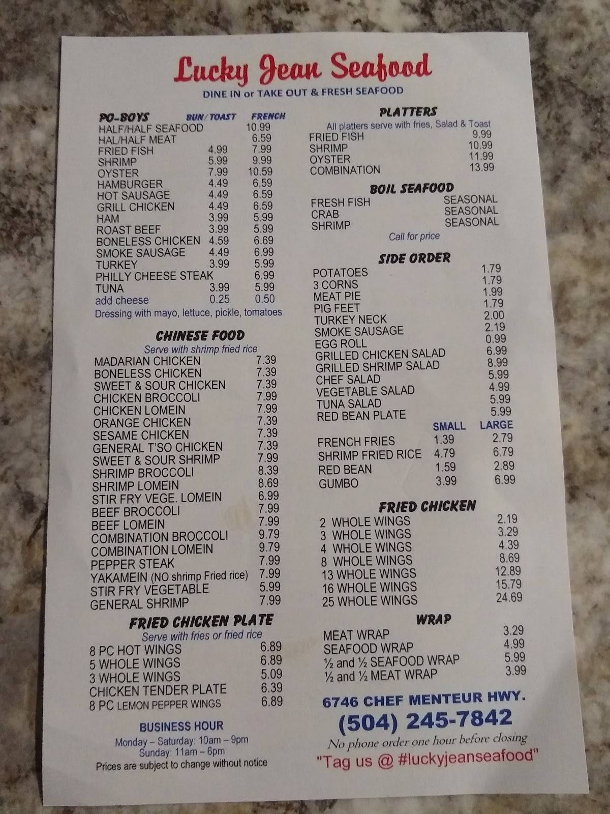 Menu at Lucky Jean Seafood restaurant, New Orleans, Chef Menteur Hwy