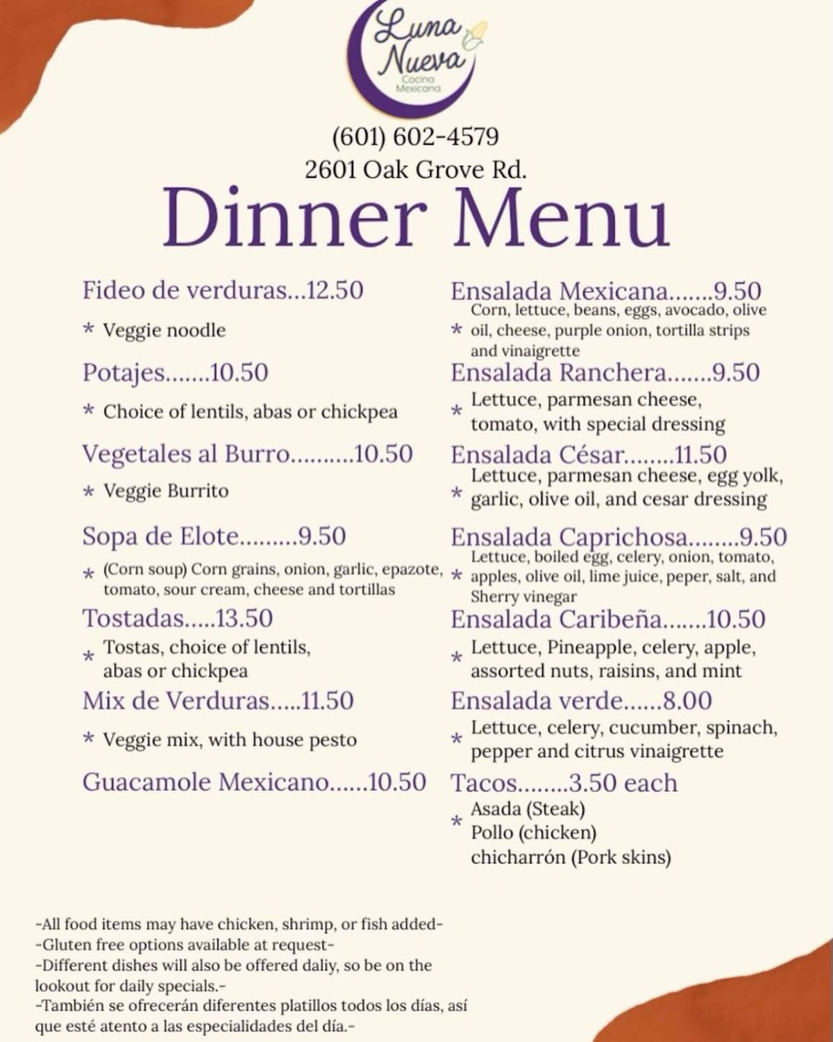 Menu at Luna Nueva Cocina Mexicana restaurant, Hattiesburg