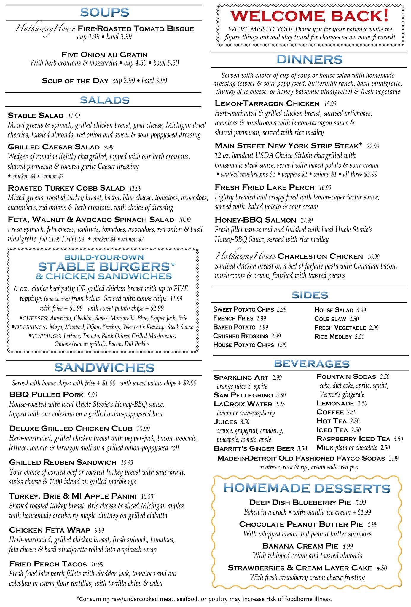 Menu at Main Street Stable & Tavern restaurant, Blissfield