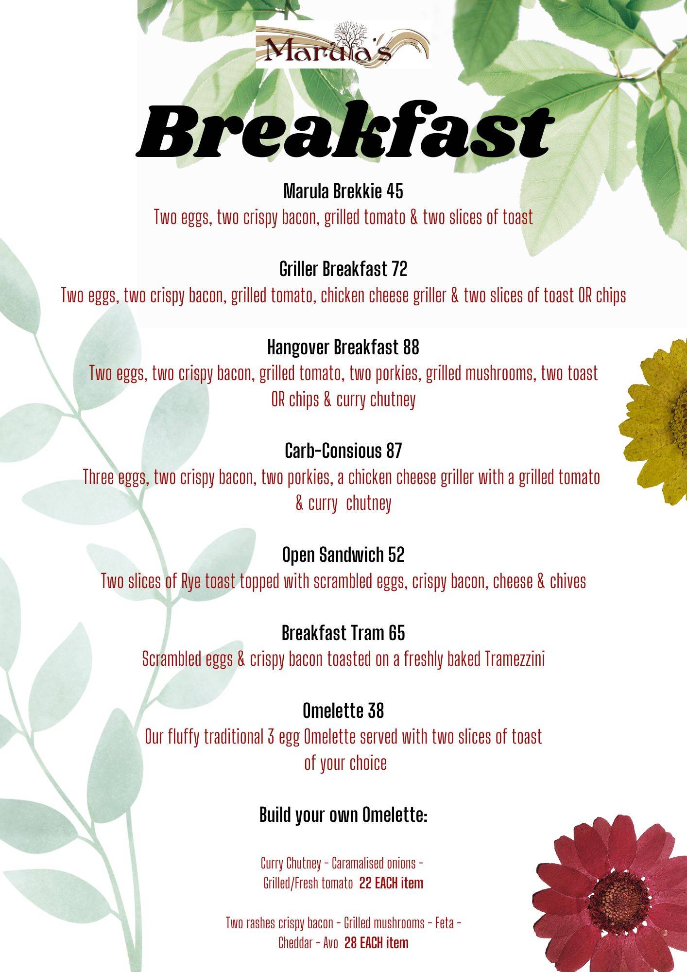 Menu at Marula Coffee Shop restaurant, Durban