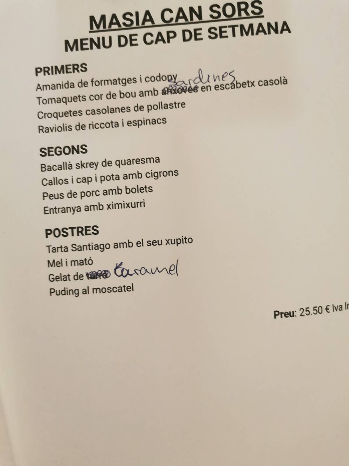 Carta de Restaurant Masia Can Sors, Alella
