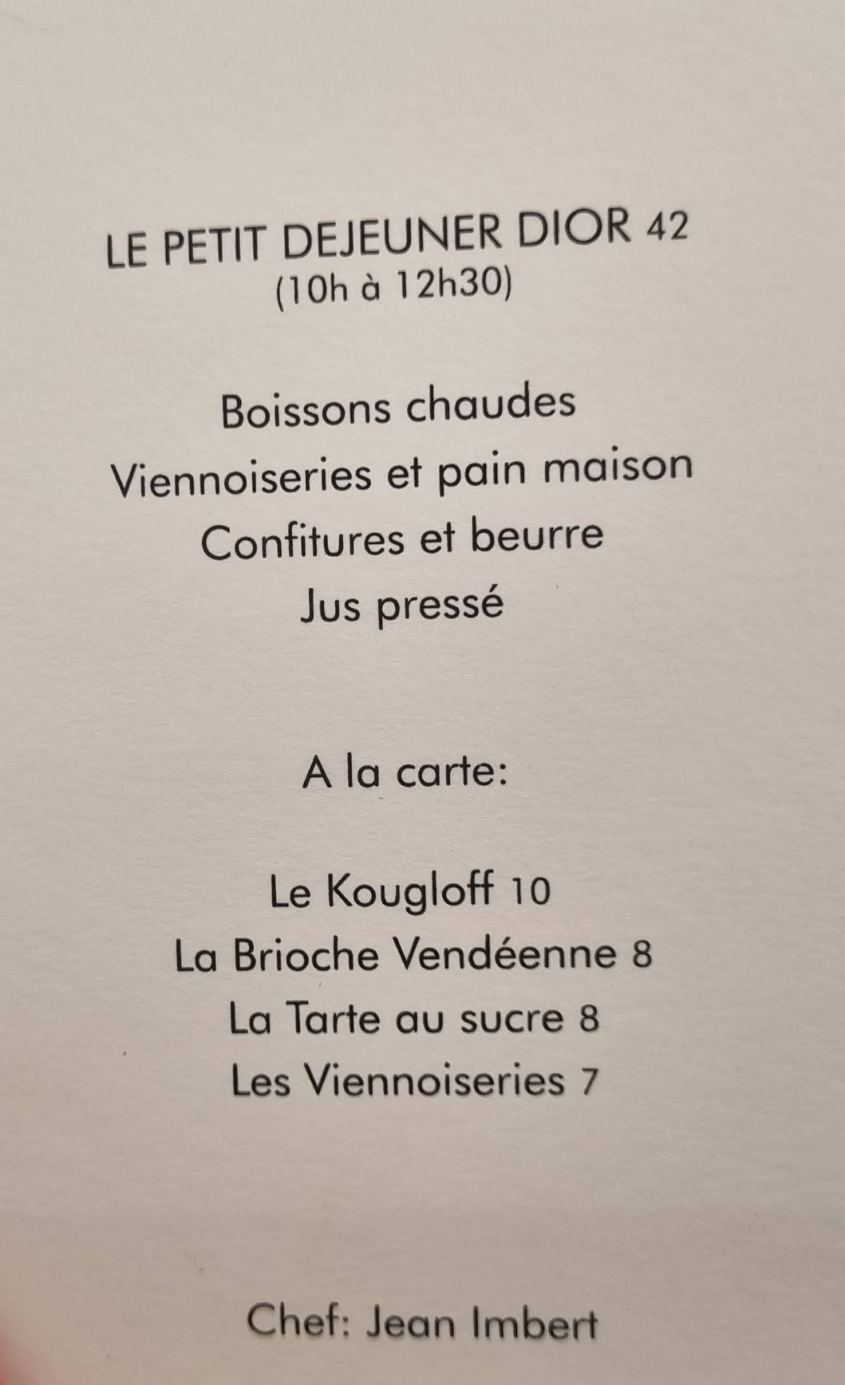 Menu at Restaurant Monsieur Dior, Paris