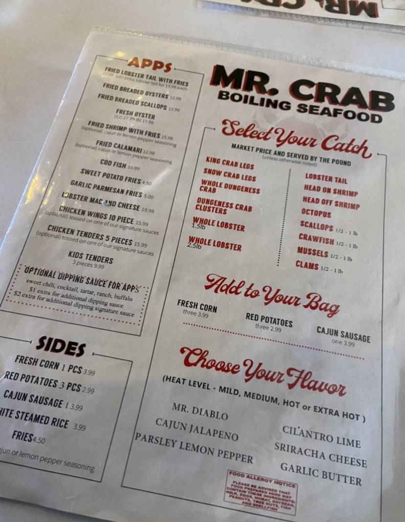 Menu at Mr. Crab Seafood Boils restaurant, Reno